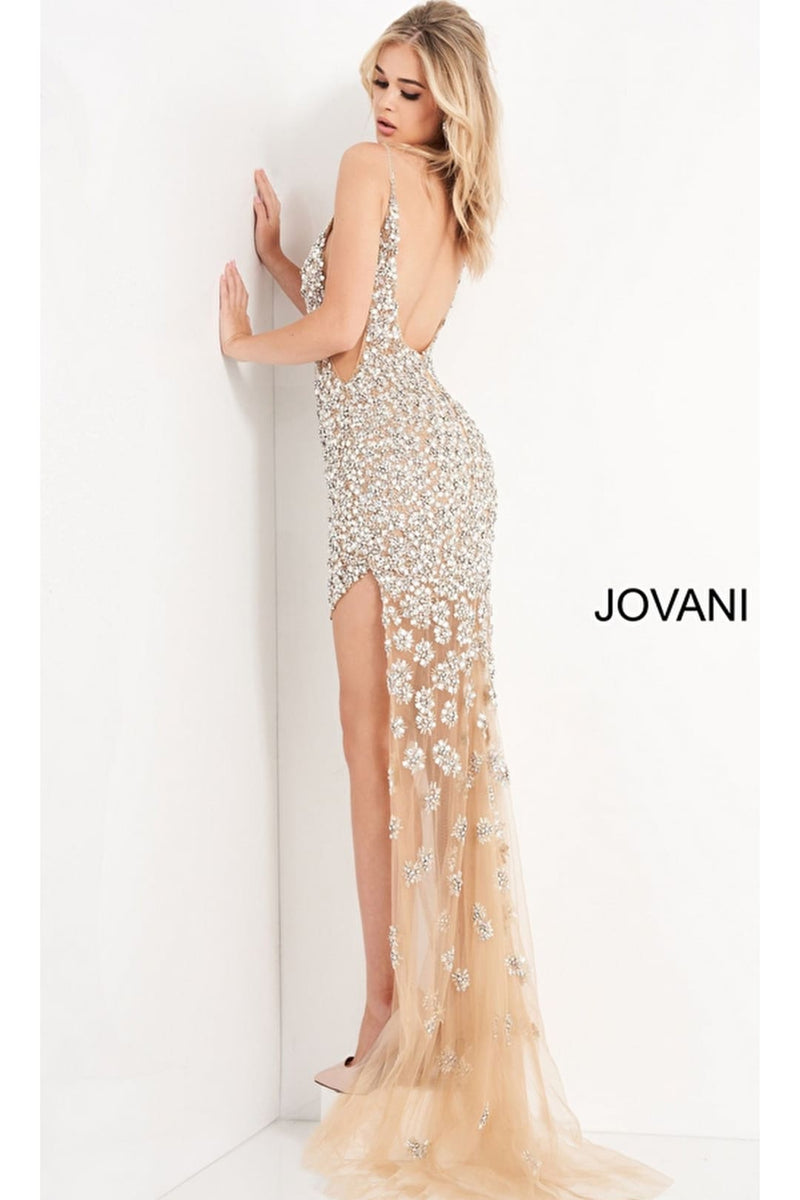 Jovani Long Nude Beaded Sheer Prom Dress 02492
