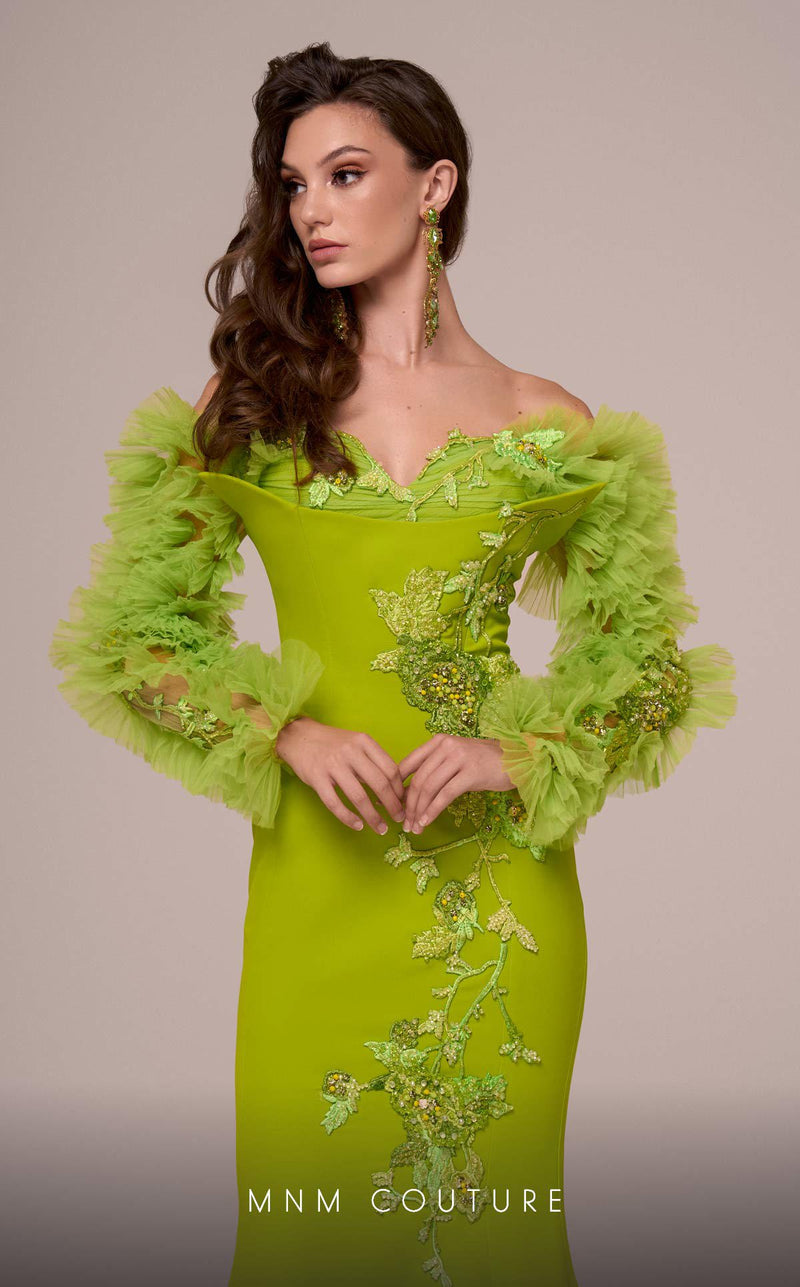 Lime Off-Shoulder Floral Evening Gown by MNM Couture