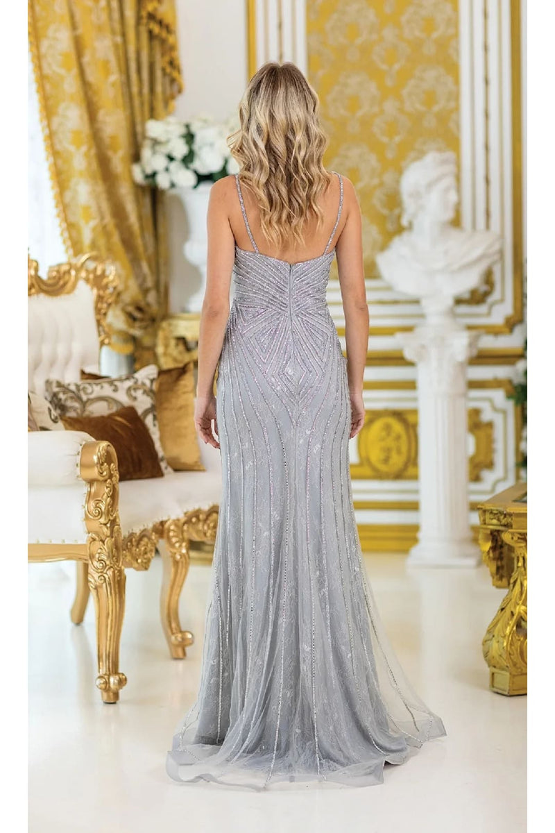Dancing Queen DQ-4487 Silver Lace Prom Dress for a Stunning Night