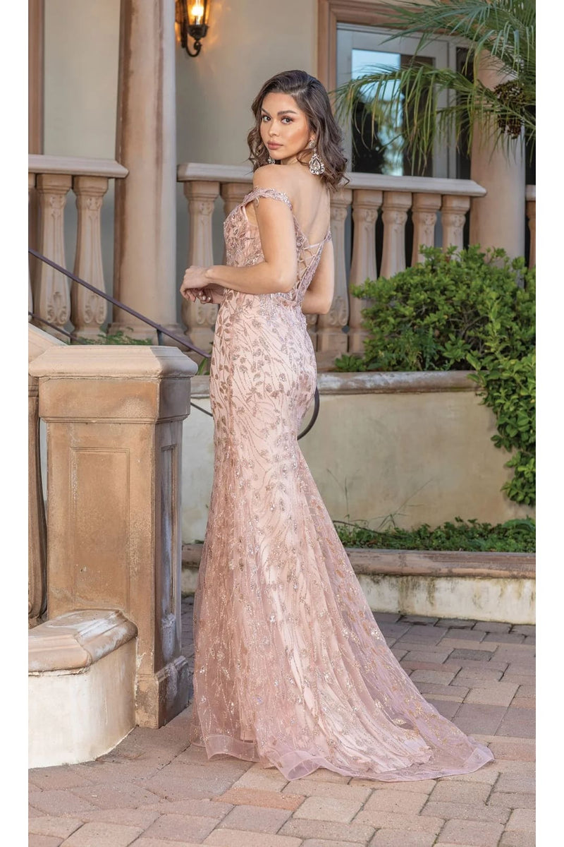 Dancing Queen Dresses DQ-4343 Off-the-Shoulder Long Glitter Prom Dress