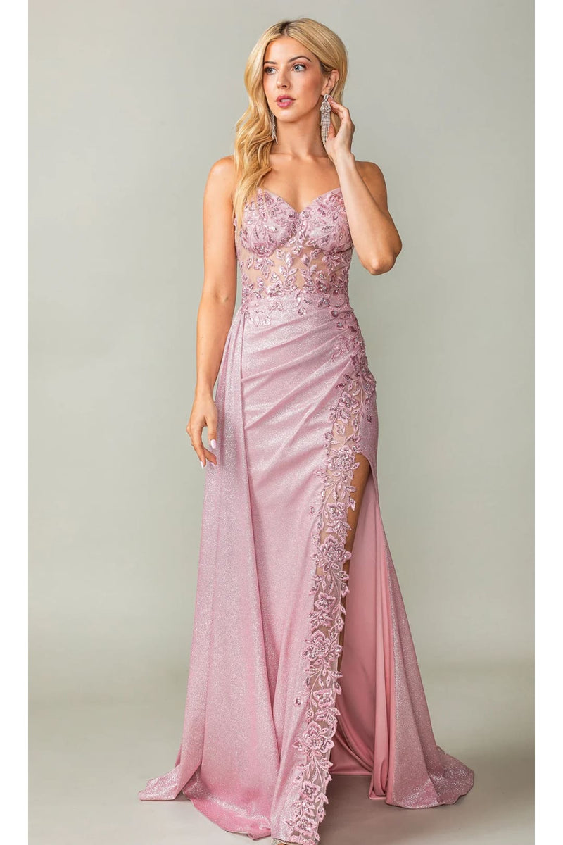 Dancing Queen Dresses DQ-4377 Draped Long Glitter Prom Dress