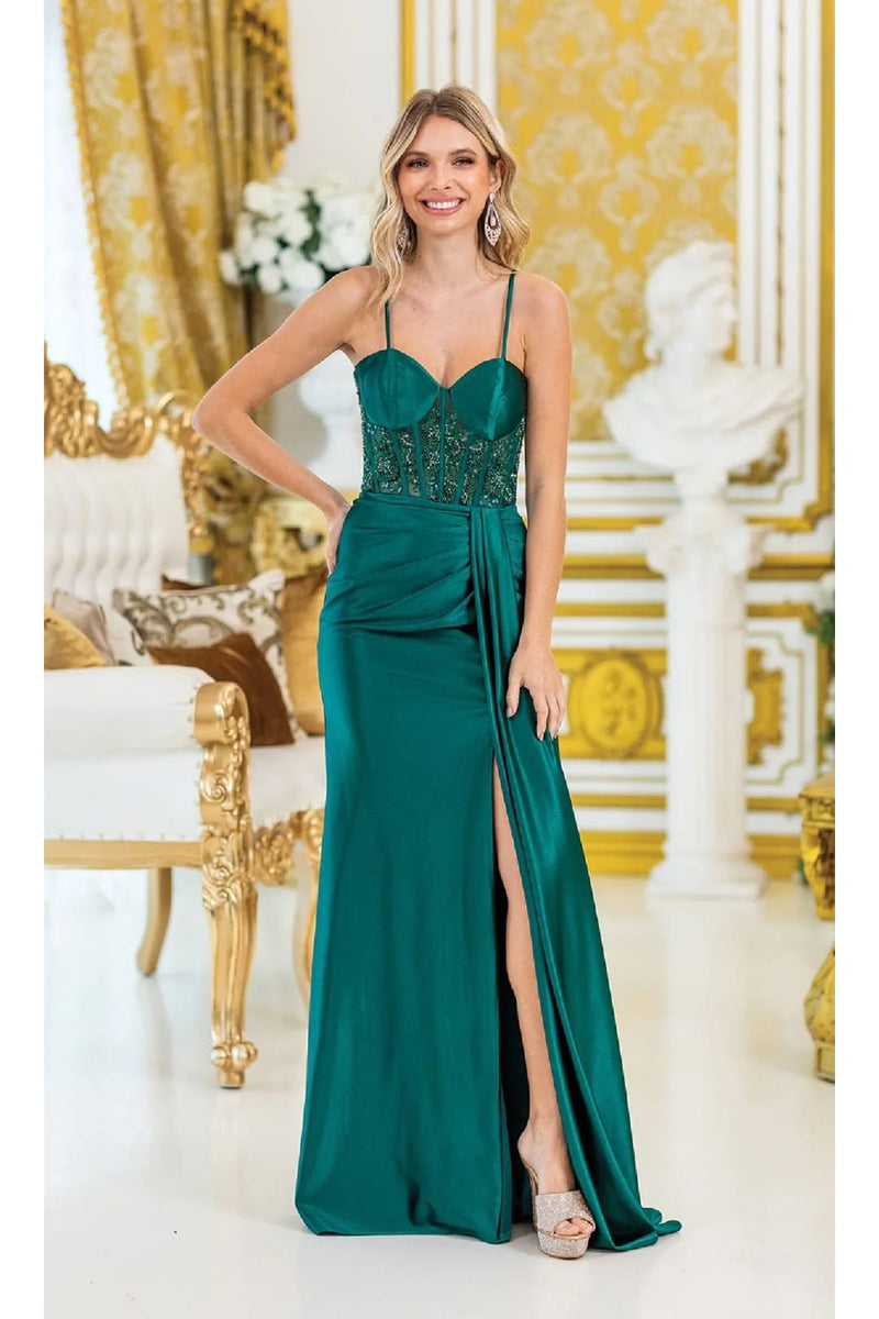 Dancing Queen Dresses DQ-4439 Drape-Front Long Prom Dress