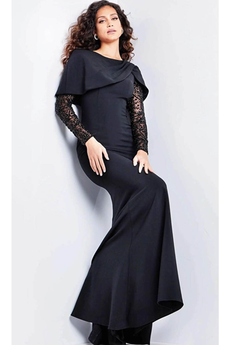 Jovani 26062 Black Long Sleeve Mermaid Formal Evening Gown W/ Capelet