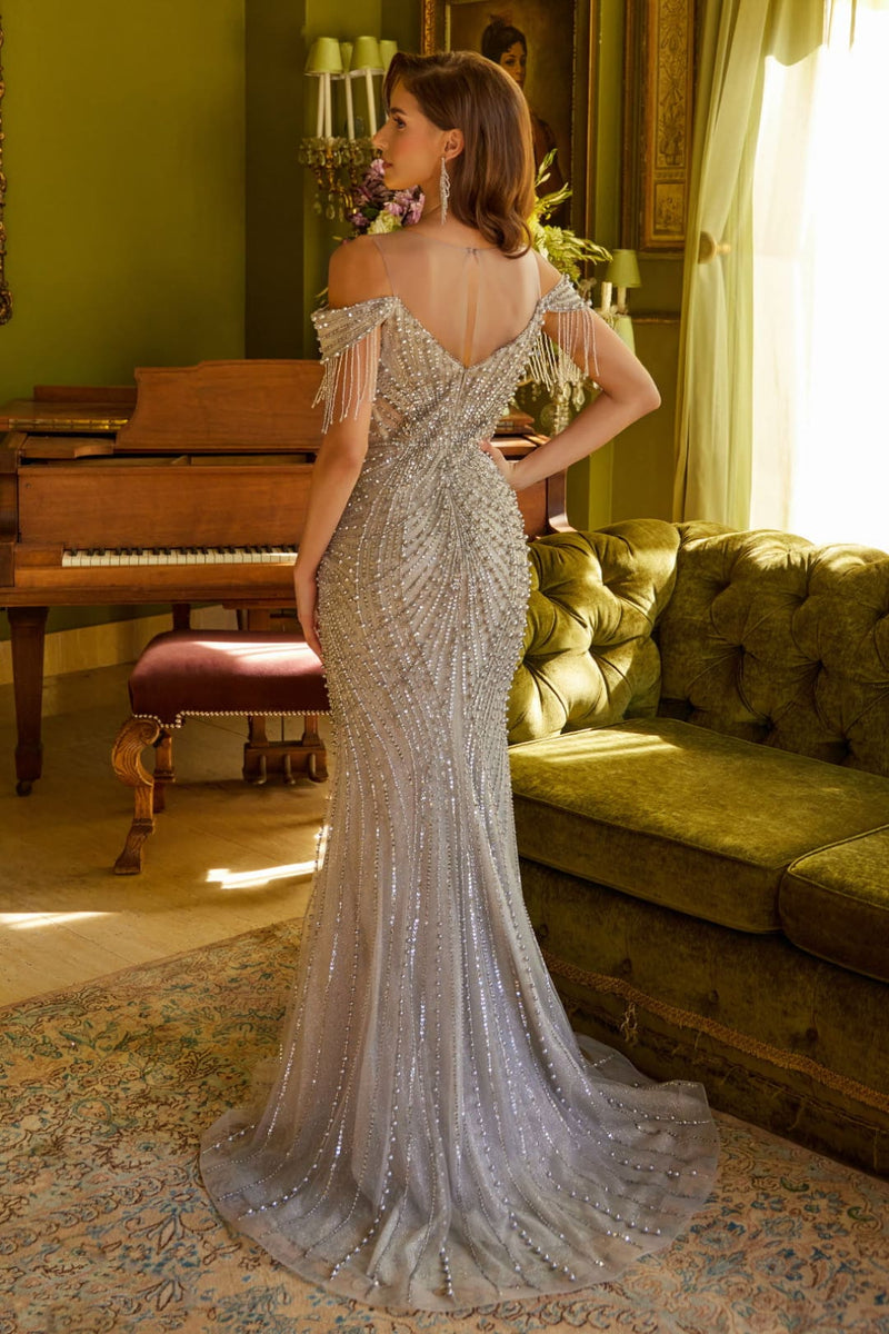 GLS Gloria GL3593 Fringe Formal Evening Gown Beaded Sheer Prom Dress