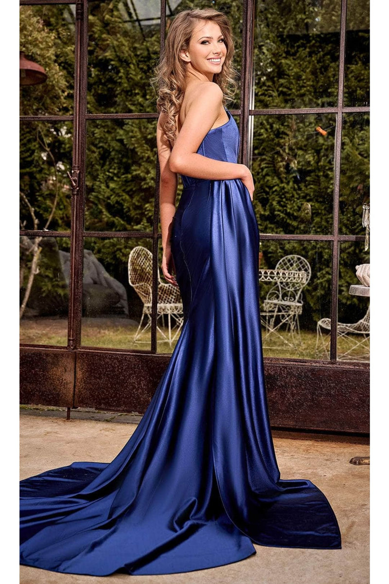 Elegant Blue Satin Prom Dress with High Slit | Portia and Scarlett