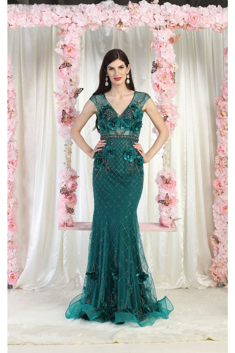 Royal Queen V-Neck 3D Floral Evening Dress RQ7951 | Formal Dress Shops
