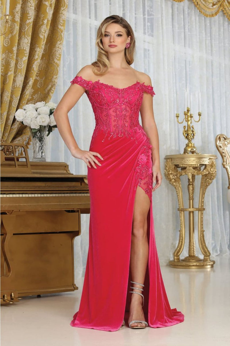 Royal Queen RQ8085 High Slit Velvet Pageant Gown | Formal Dress Shops
