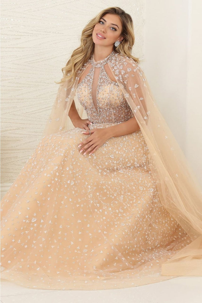 Royal Queen RQ8133 Champagne Beaded Evening Dress with an Elegant Cape