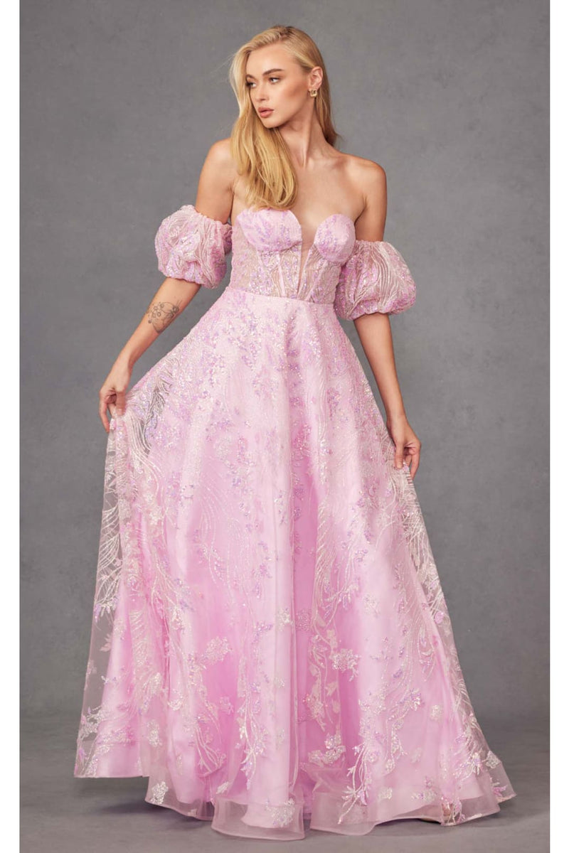 Sequin Print Corset Gown with Puff Sleeves by Juliet 2404