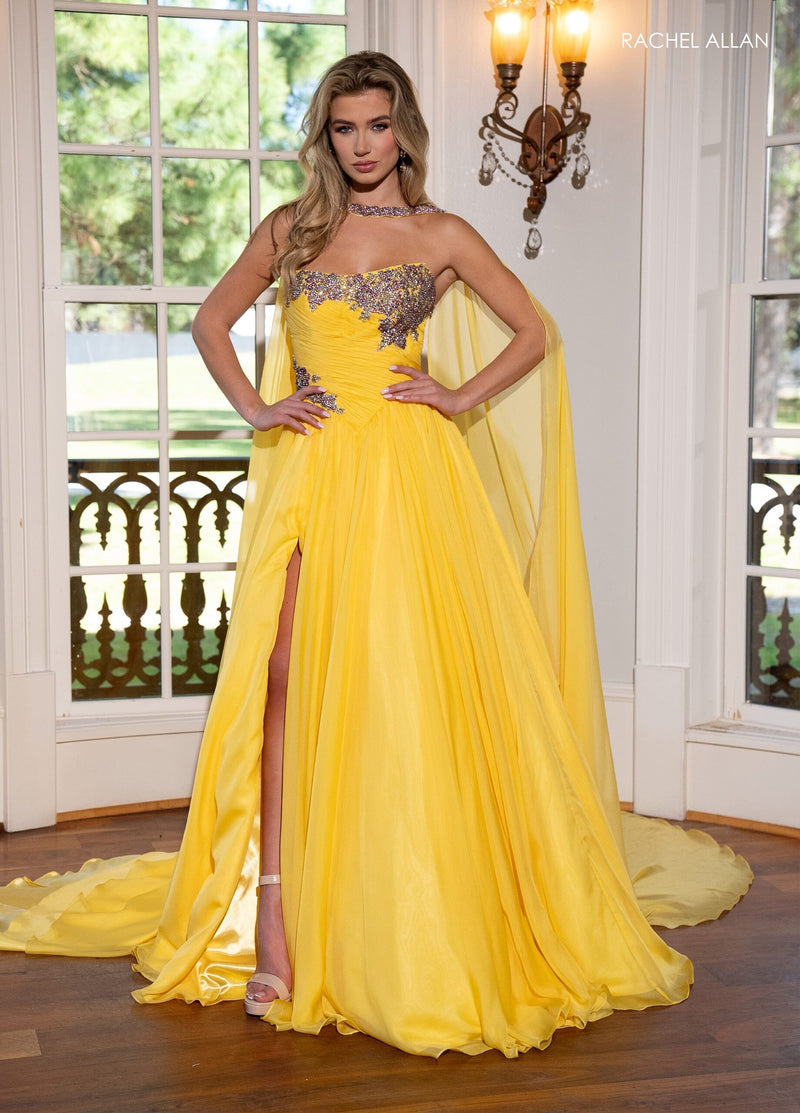 Rachel Allan 50290 Strapless Cape A-line Slit Gown | FormalDressShops
